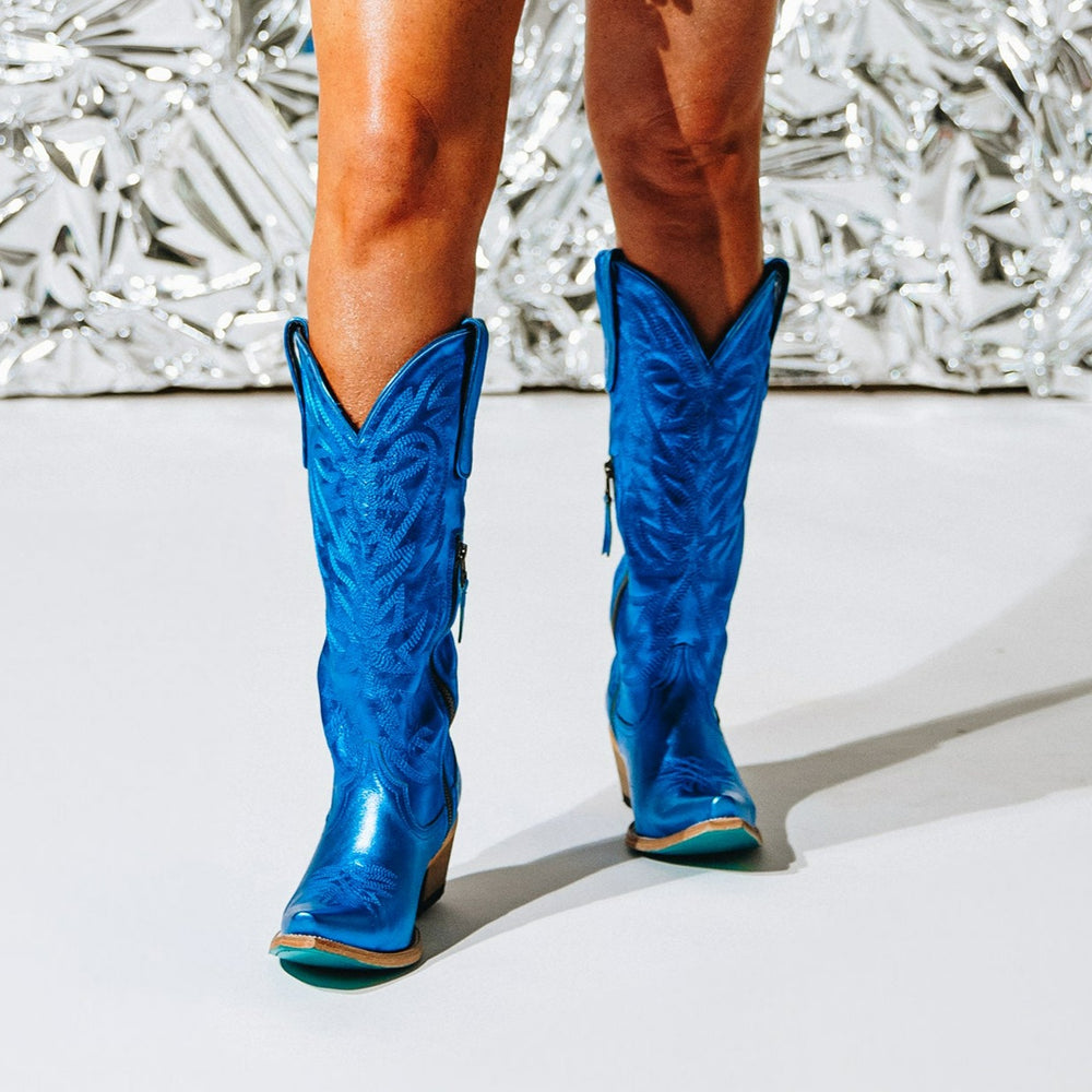 Smokeshow | Cobalt Metallic Cowgirl Boots Snip Toe Tall Fashion Stitch
